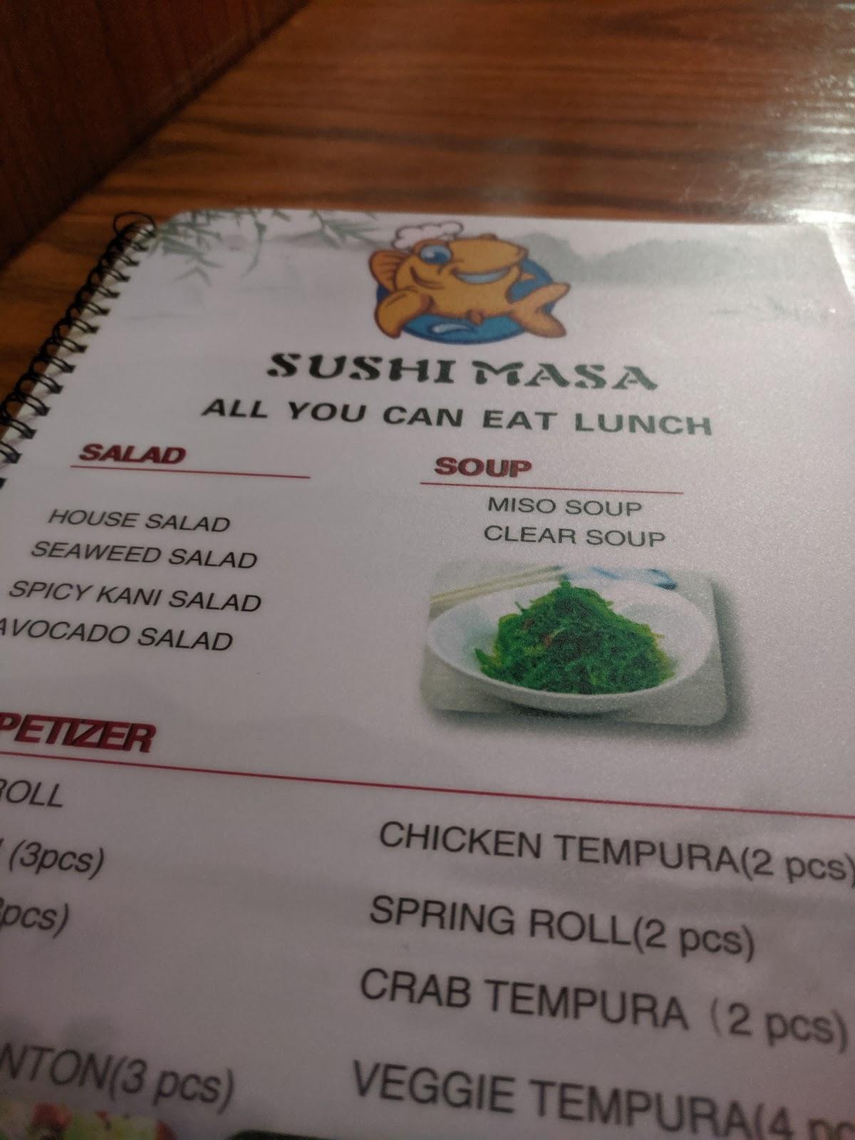 Menu at Sushi Masa restaurant, Selinsgrove