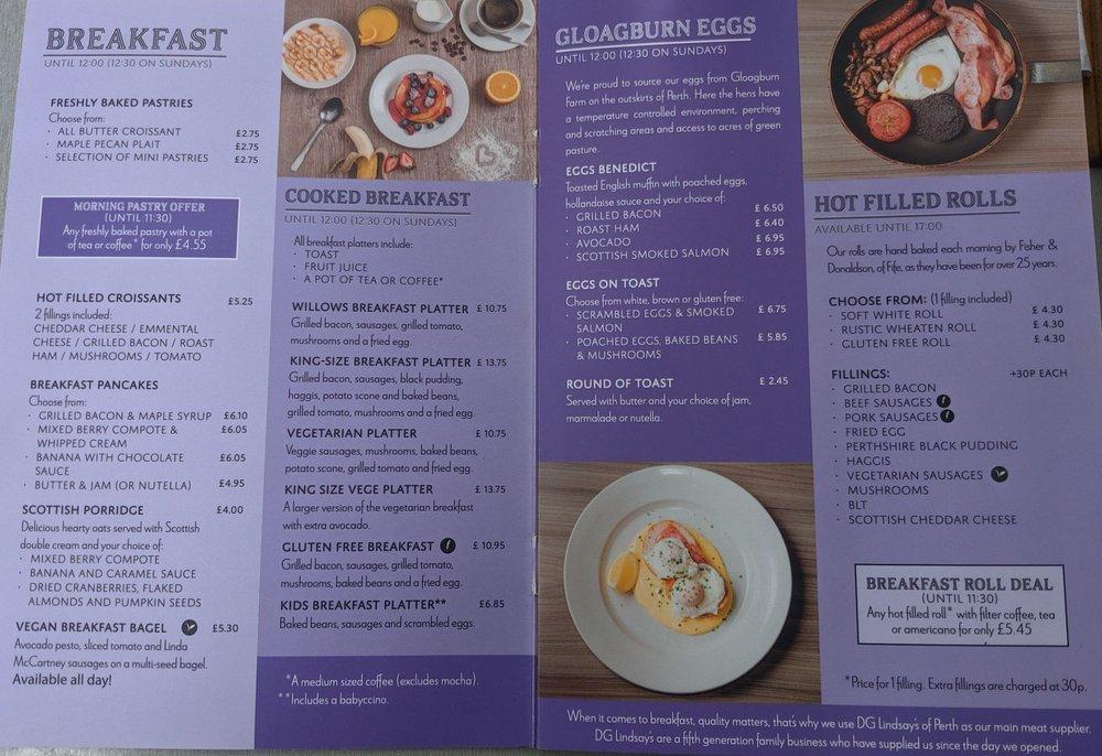 Menu at Willows cafe, Perth