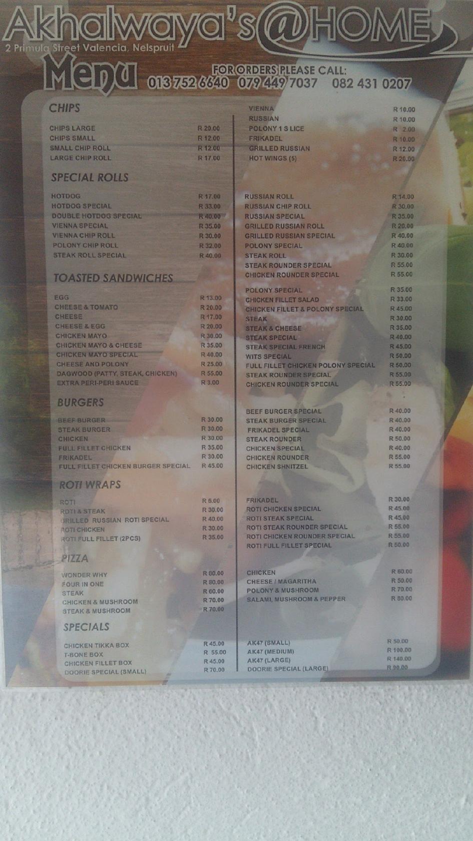 Menu at Akhalwayas Foods restaurant, Nelspruit