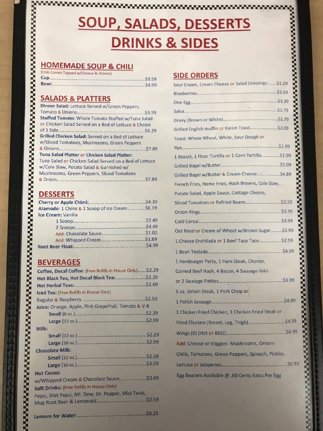 Menu at Alice's Restaurant, Tucson