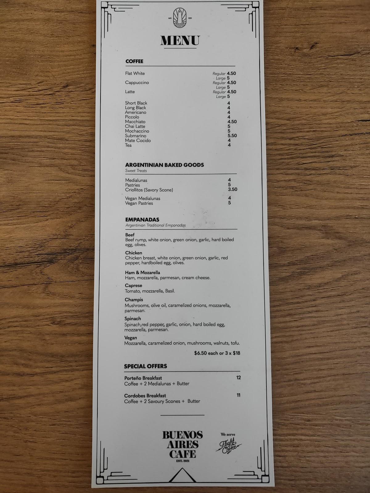 Menu at Buenos Aires Café cafe, Wellington