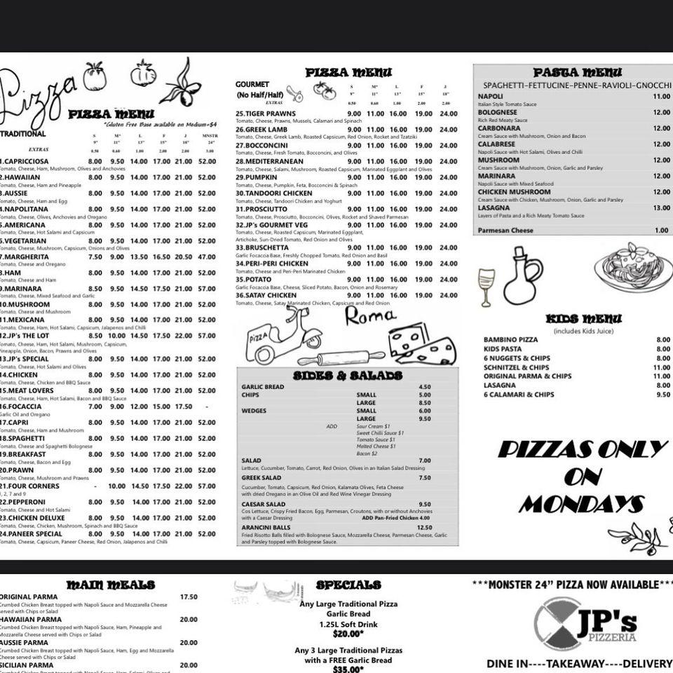 Menu at JP's Pizzeria, Delahey