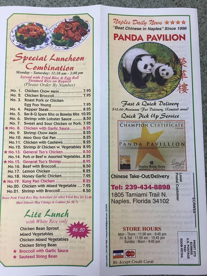 Menu at Panda Pavillion Chinese Restaurant, Naples