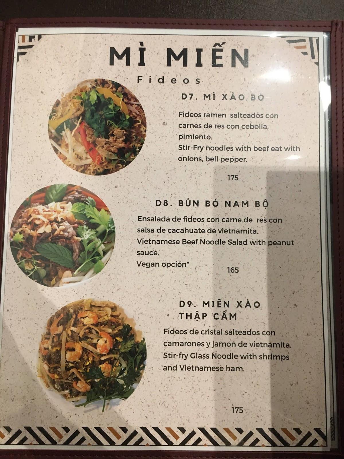 Menu at Pho King restaurant, Mexico City, Av. Horacio 253