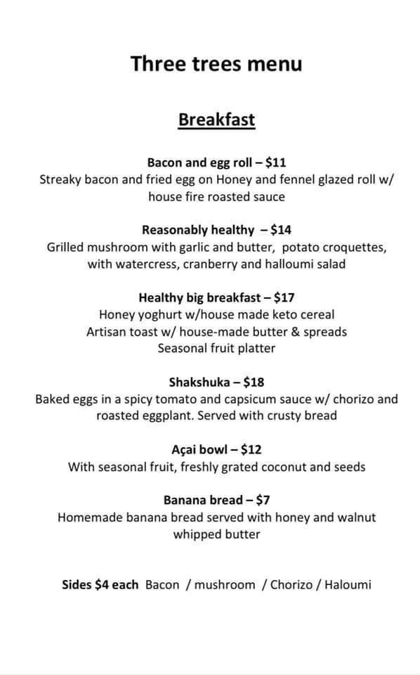 Menu at Three Trees Cafe, Wyoming
