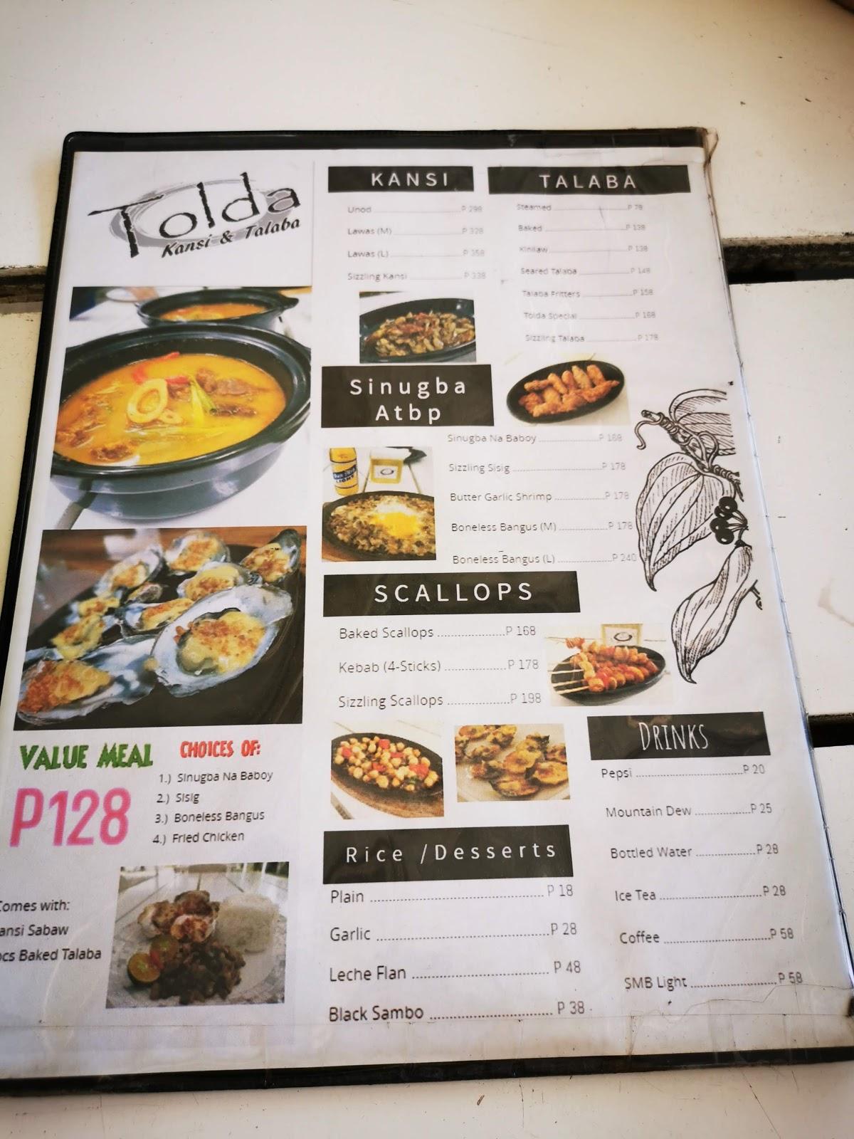 Menu at Tolda Kansi & Talaba restaurant, Bacolod