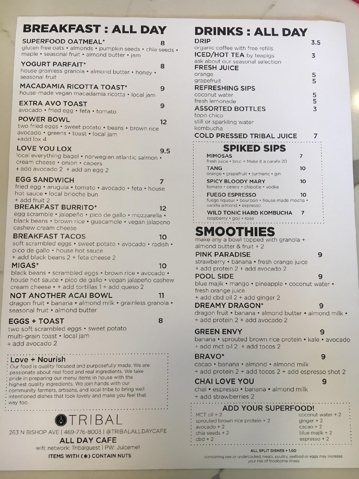 Carta de Tribal All Day Cafe, Dallas