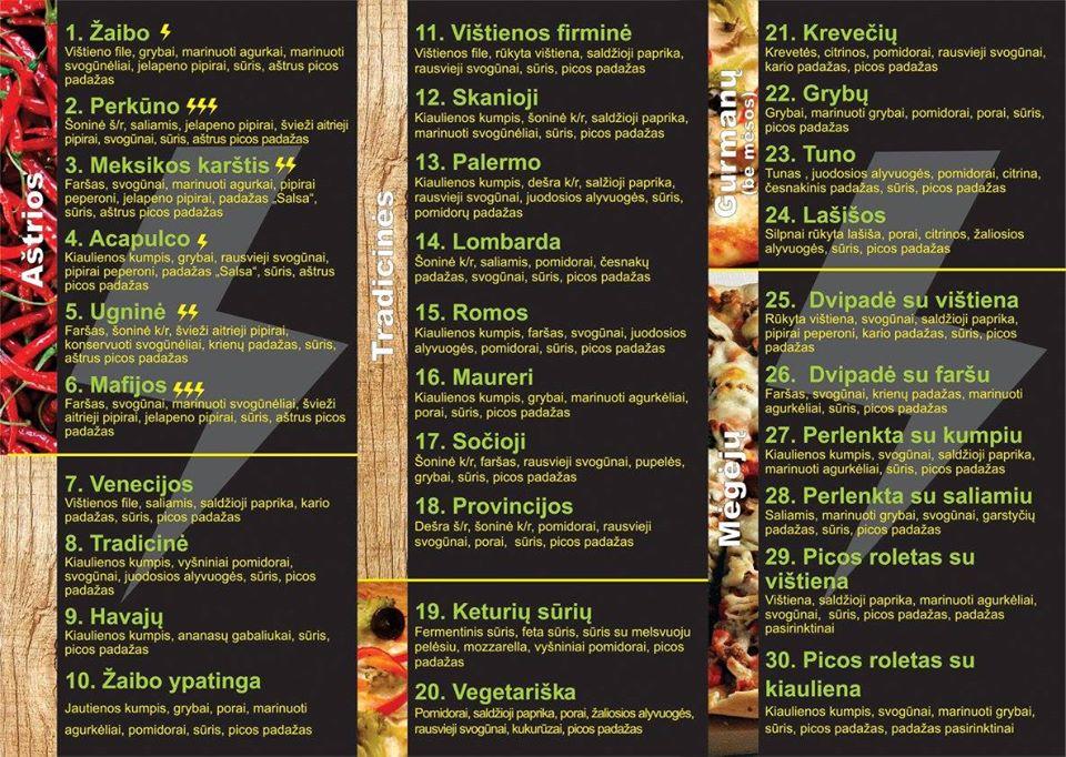 Menu at Žaibo Pizza restaurant, Šalčininkai