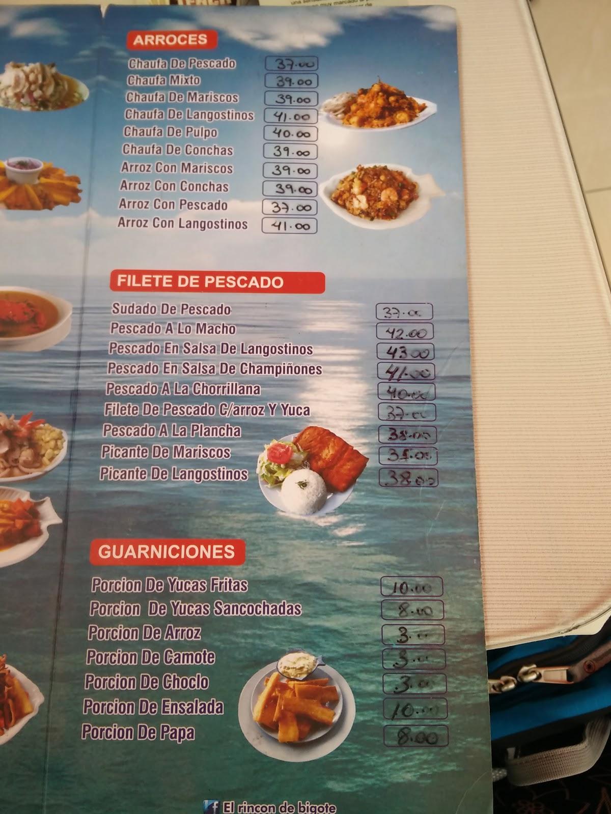 Menu at El Rincón de Bigote restaurant, Miraflores