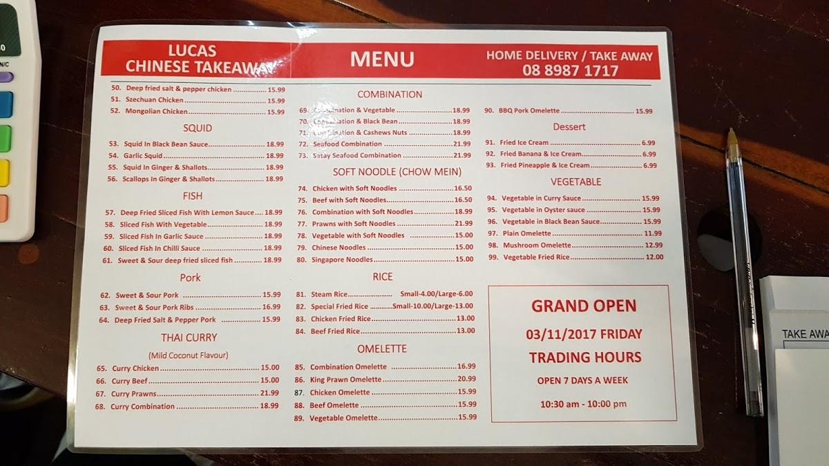 Menu at Lucas's Chinese Takeaway restaurant, Tennant Creek