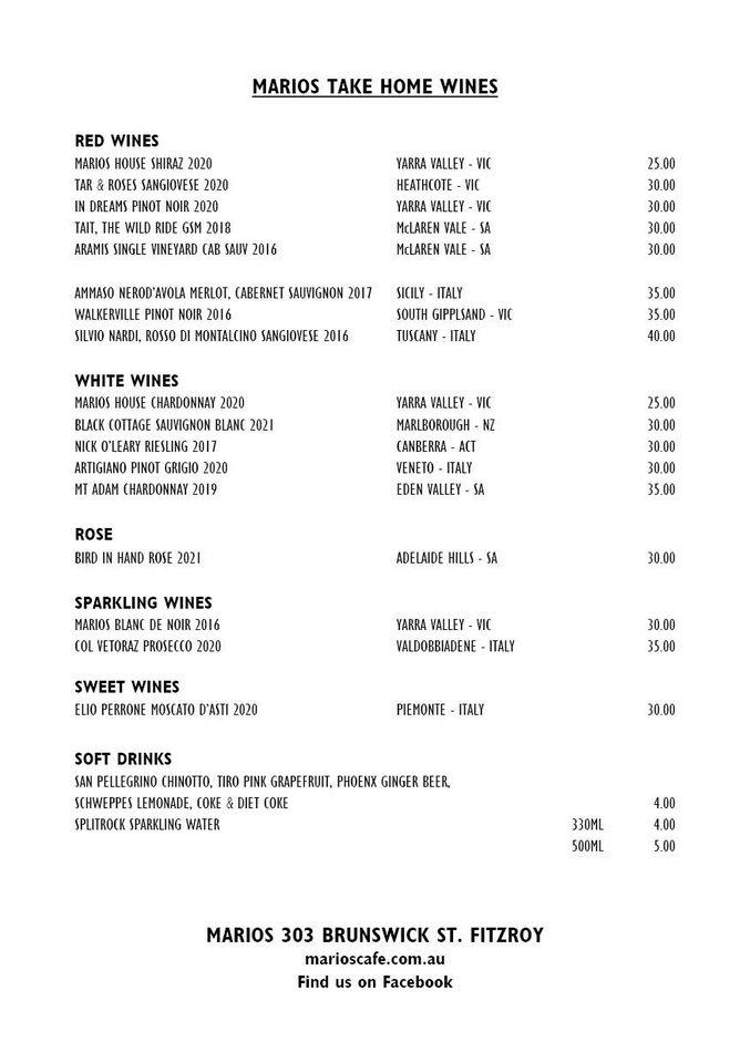 Menu at Marios restaurant, Fitzroy