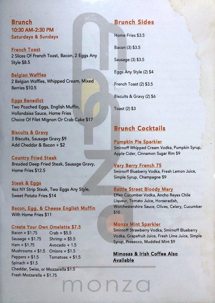Menu at Monza pub & bar, Manassas, Battle St