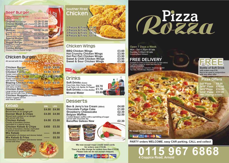 Menu at Pizza Rozza pizzeria, Nottingham