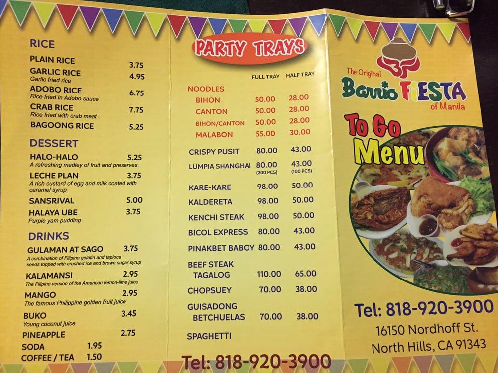 Menu at The Original Barrio Fiesta of Manila, Los Angeles, Nordhoff St