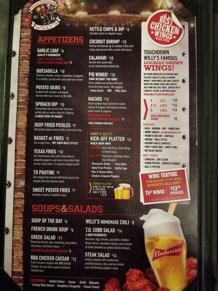 Menu at Touchdown Willy's Tap & Grill pub & bar, Smithville