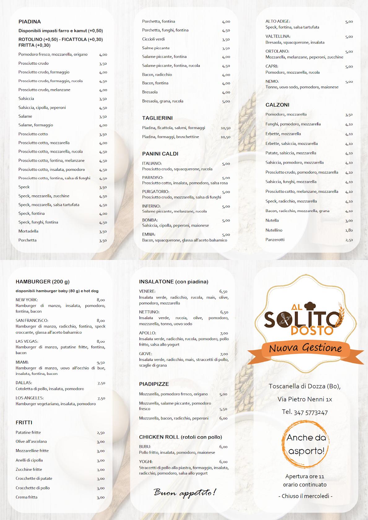 Menu at Al Solito Posto Piadineria restaurant, Toscanella