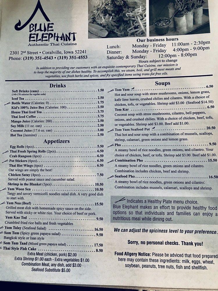 Menu at Blue Elephant Thai Restaurant, Coralville