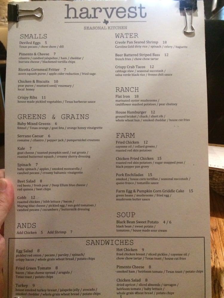 Menu at Harvest restaurant, McKinney