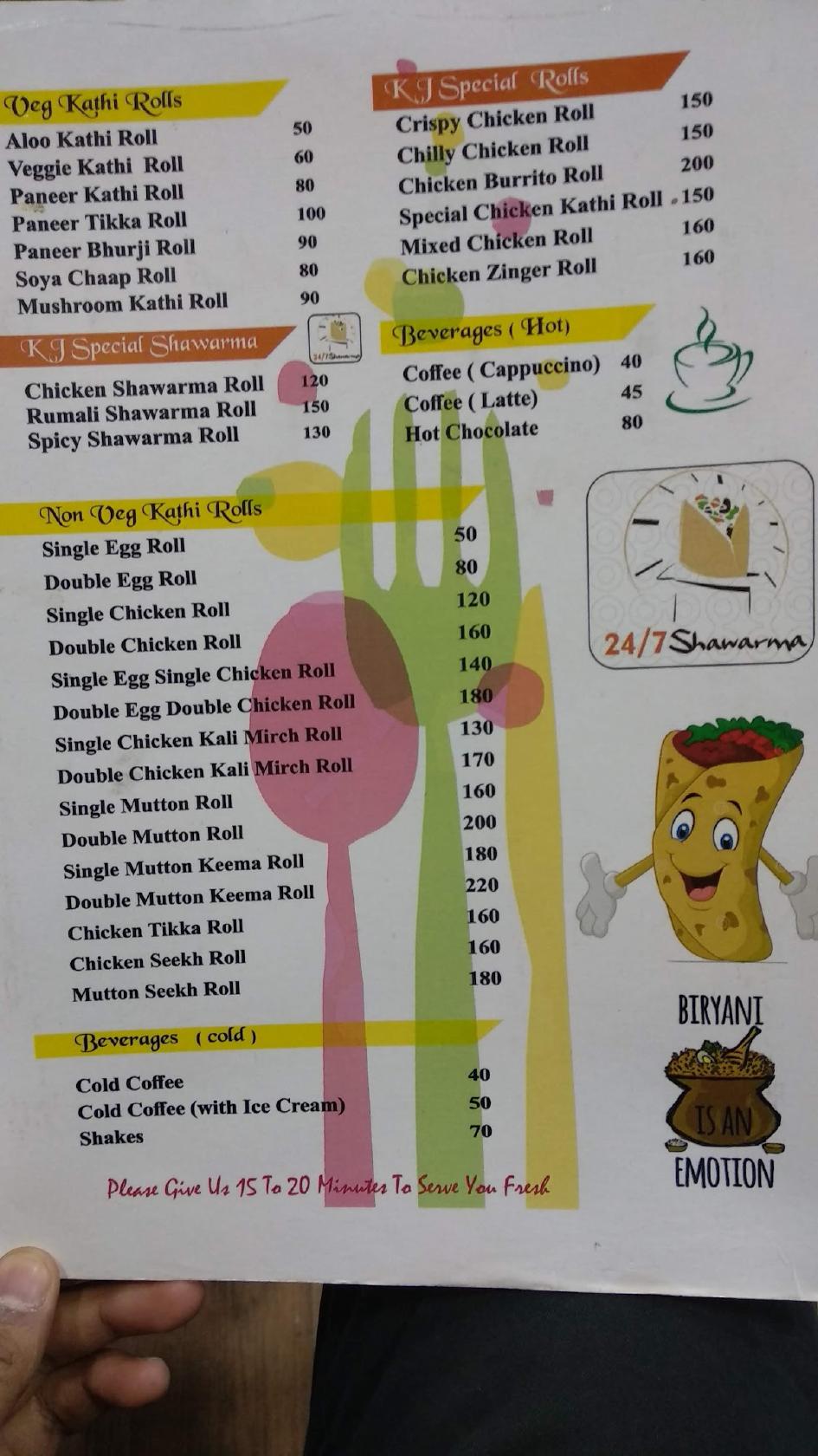 Menu at Kathi Junction Baramulla, India