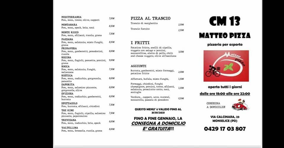 Menu at Matteo Pizza pizzeria, Monselice, Via Costa Calcinara 23