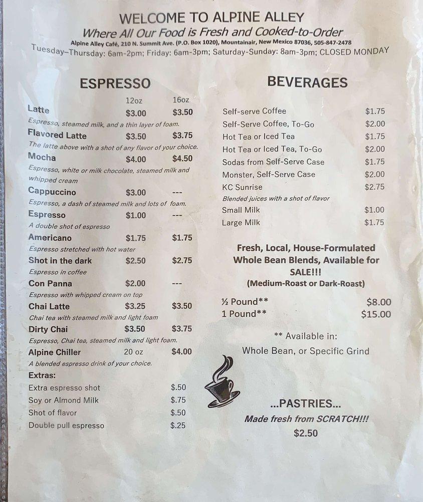 Menu at Alpine Alley restaurant, Mountainair