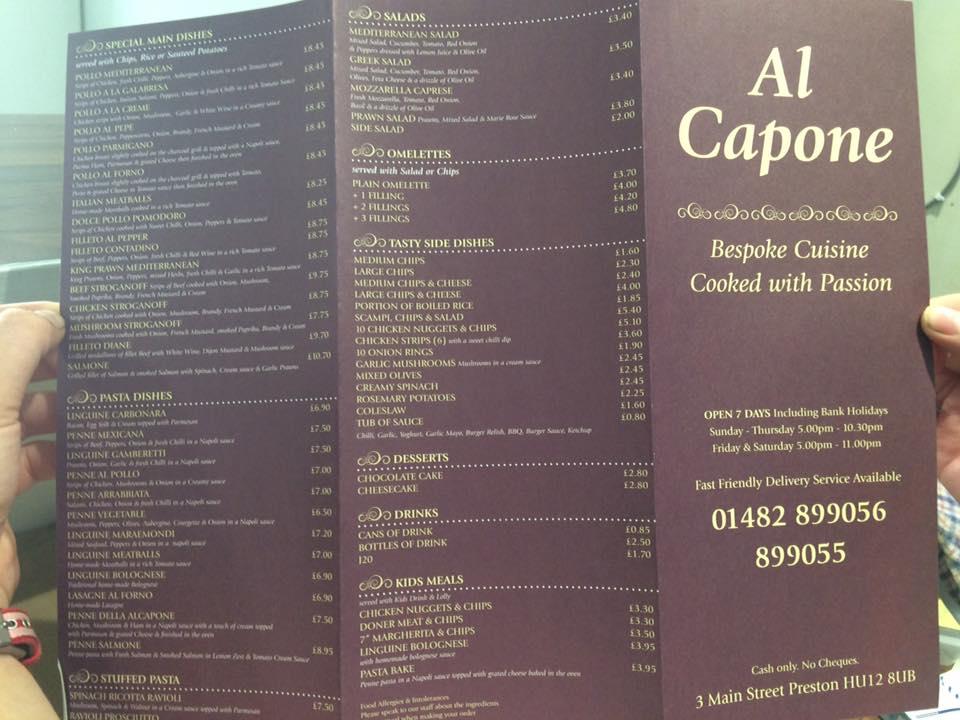 Menu at Al Capone fast food, Hull