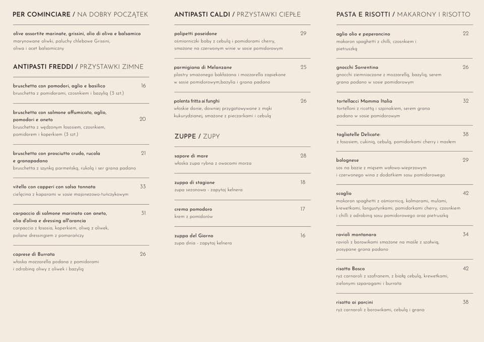 Menu at BOSCO restaurant, Swinoujscie