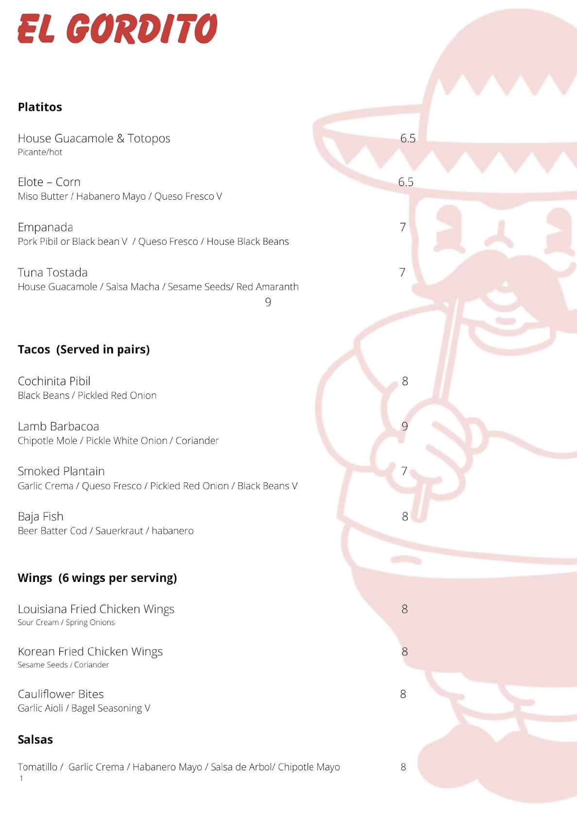 Menu at El Gordito restaurant, London