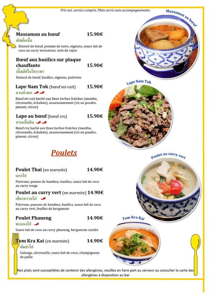 Menu au Muang Thaï restaurant, Colmar