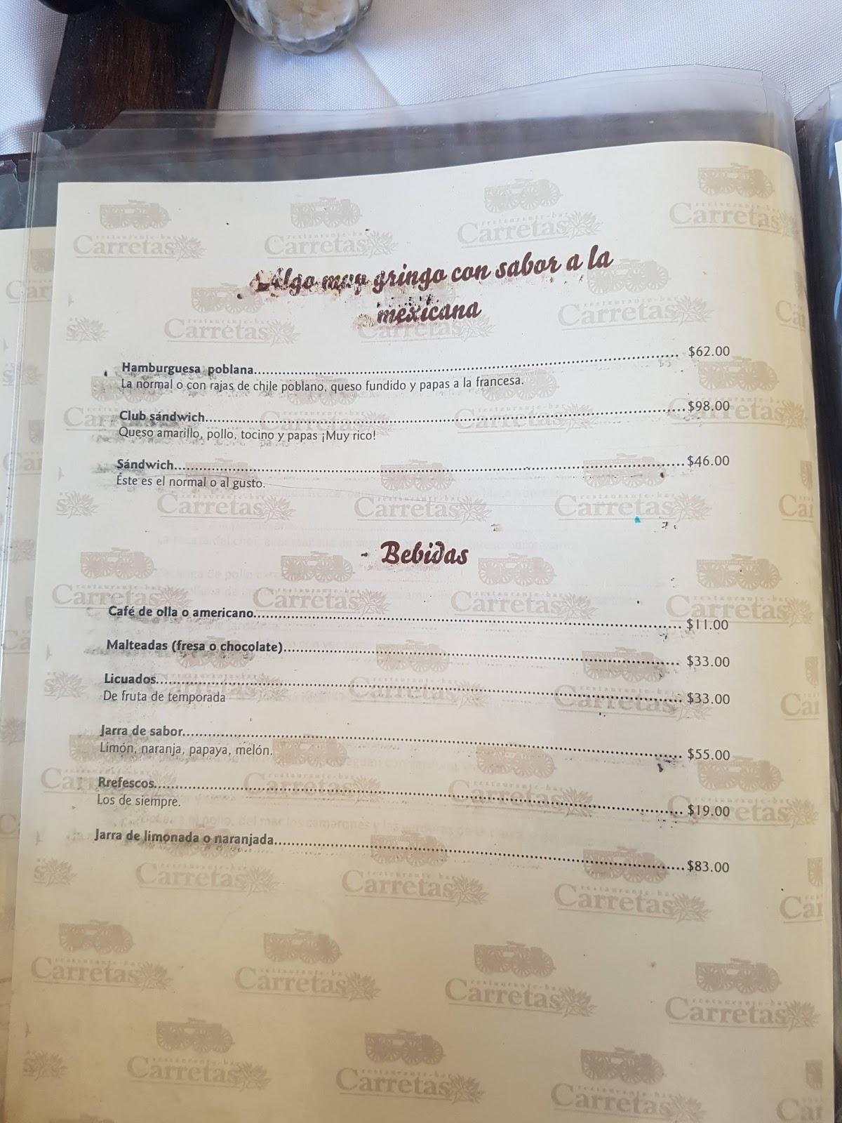 Carta de Restaurant Carretas, Jalpan de Serra