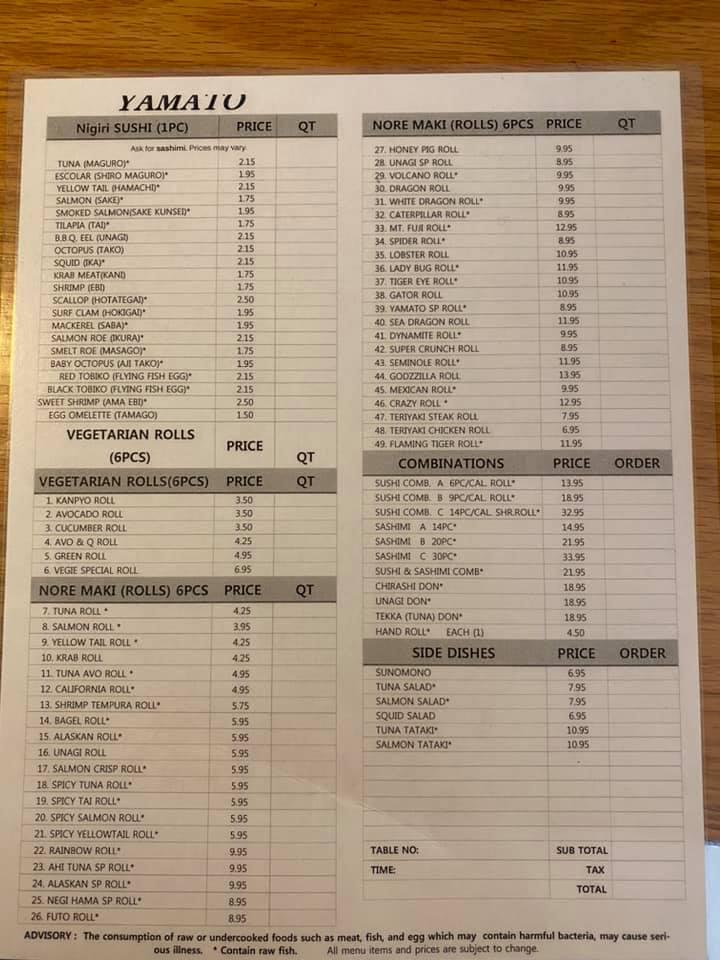 Menu at Yamato Japanese Restaurant, Lake City