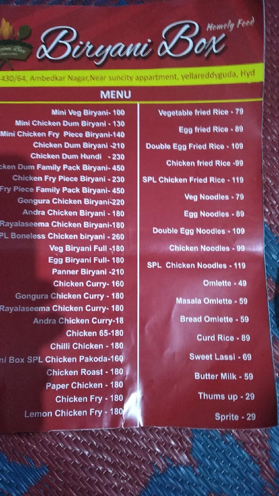 Menu at Biryani Box, Hyderabad, CCMR+VJ4