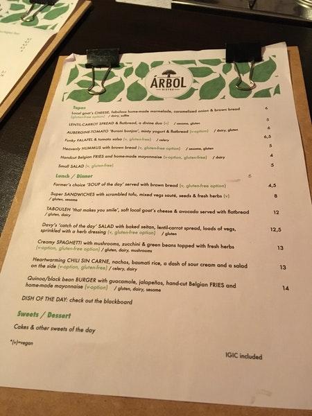 Menu at Bistro Árbol restaurant, Puerto del Carmen