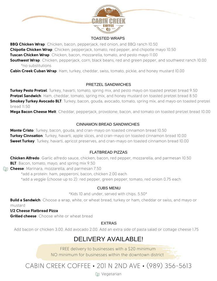 Menu at Cabin Creek Coffee cafe, Alpena, 201 N 2nd Ave