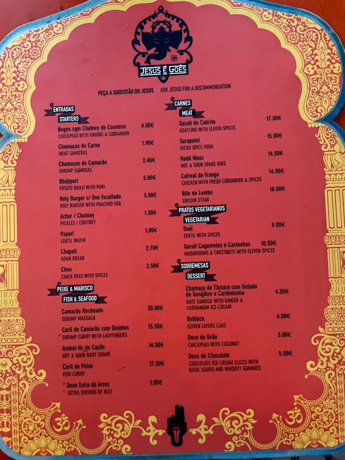 Menu at Jesus é Goês restaurant, Lisbon