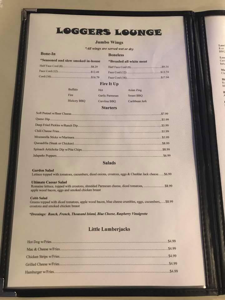 Menu at Logger's Lounge pub & bar, Pioneer