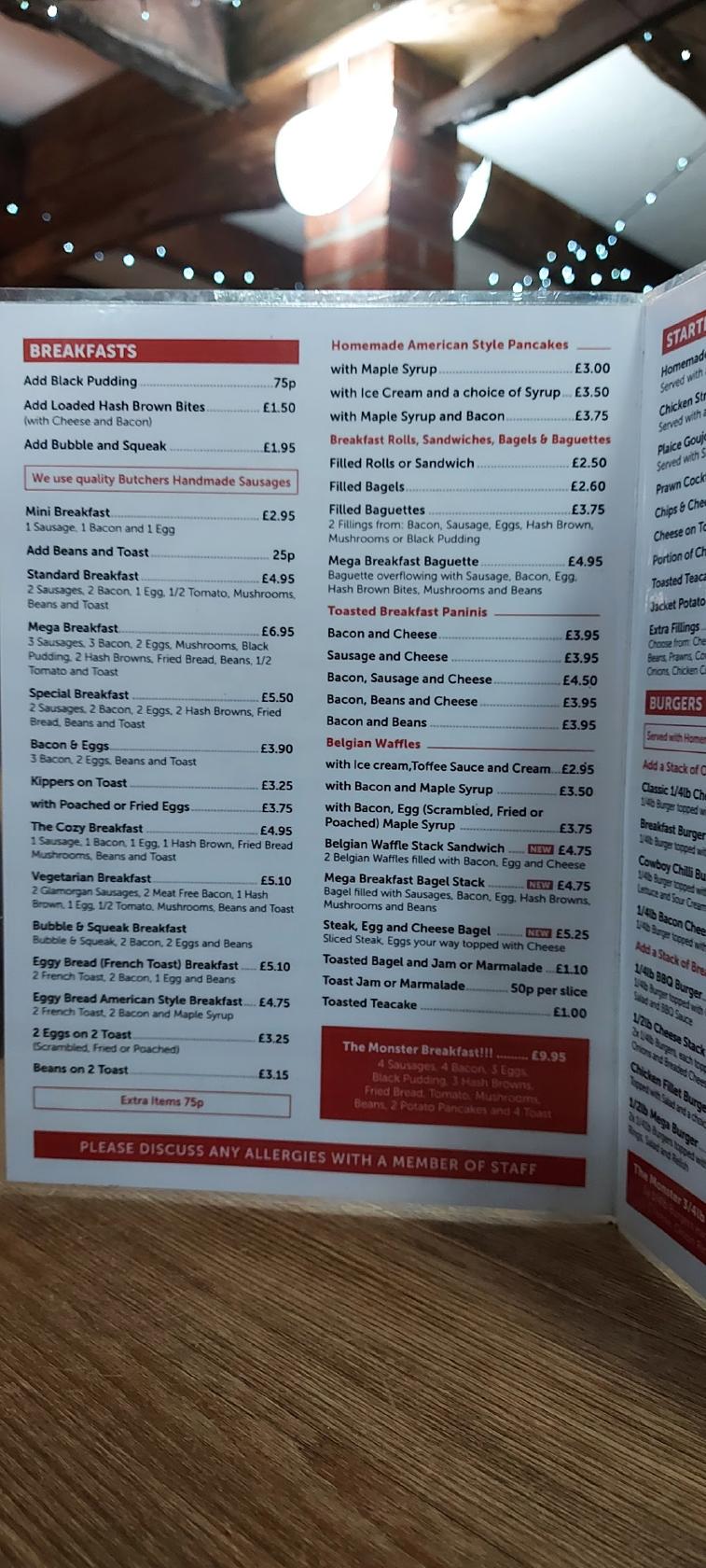 Menu at The Cozy Diner cafe, Pembroke Dock