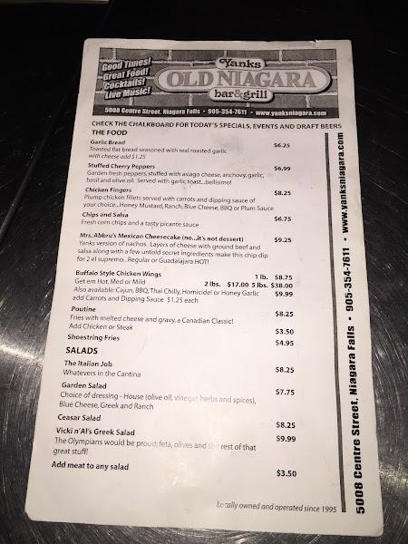 Menu at Yank's Old Niagara Bar & Grill, Niagara Falls