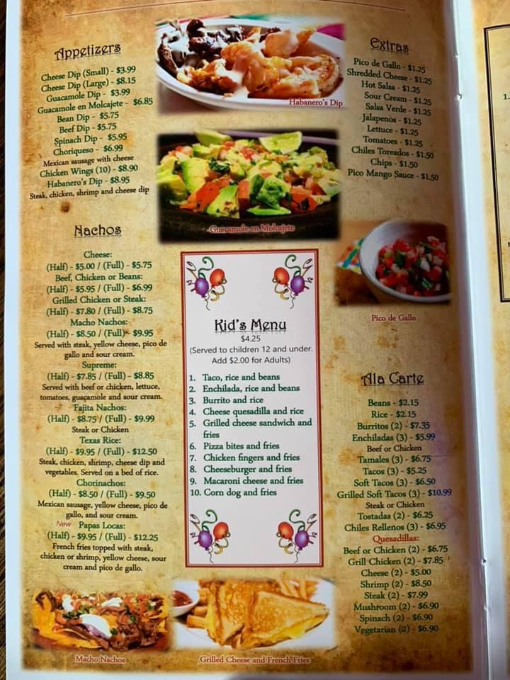 Menu at Habanero's Mexican Grill restaurant, Grovetown