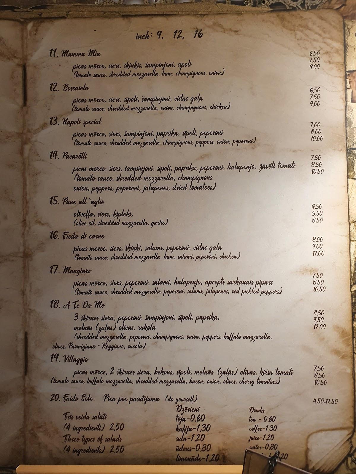 Menu at Pizzeria Villaggio, Ludza