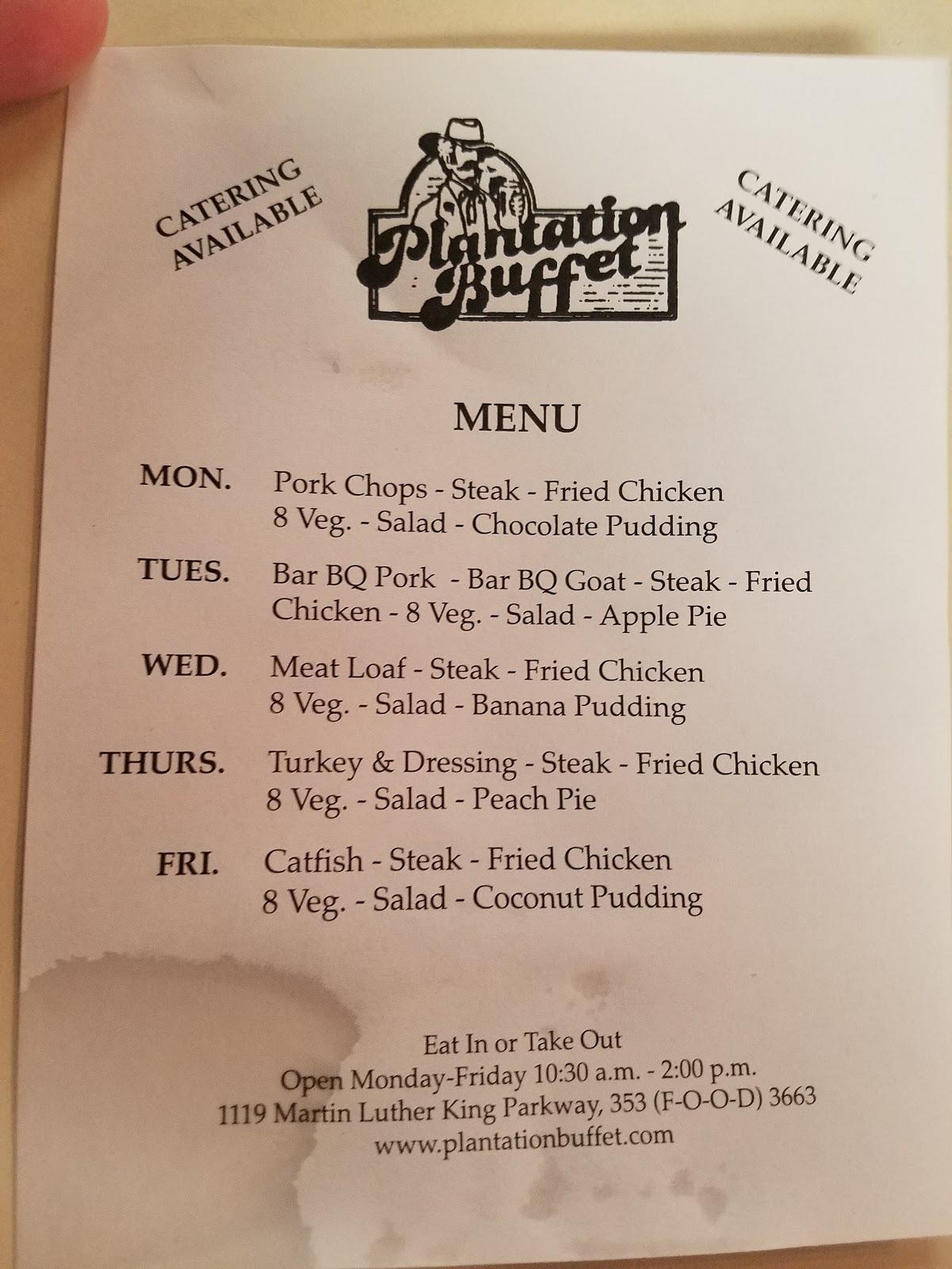 Menu at Plantation Buffet restaurant, Athens, Dr Martin Luther King Jr Pkwy