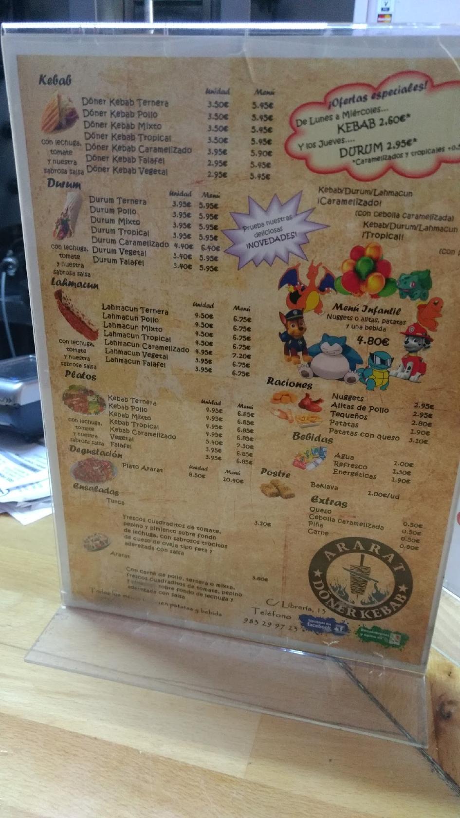 Menu at AYAN KEBAB, Valladolid