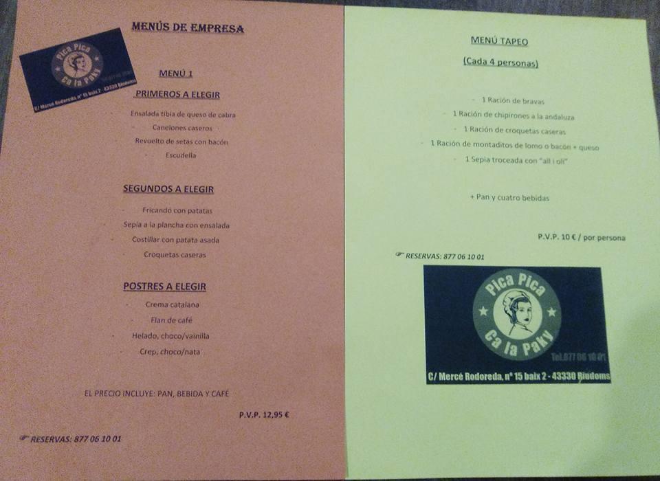 Menu at Bar Restaurante Pica Pica ca la Paky, Riudoms