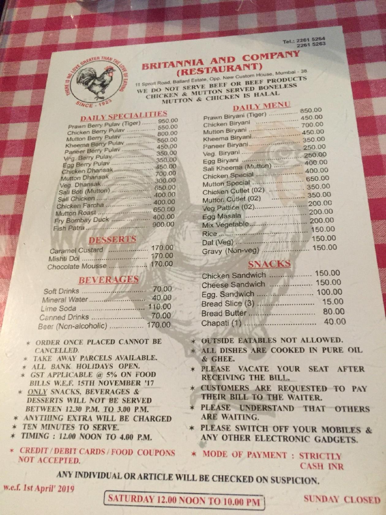Menu at Britannia & Company, Mumbai