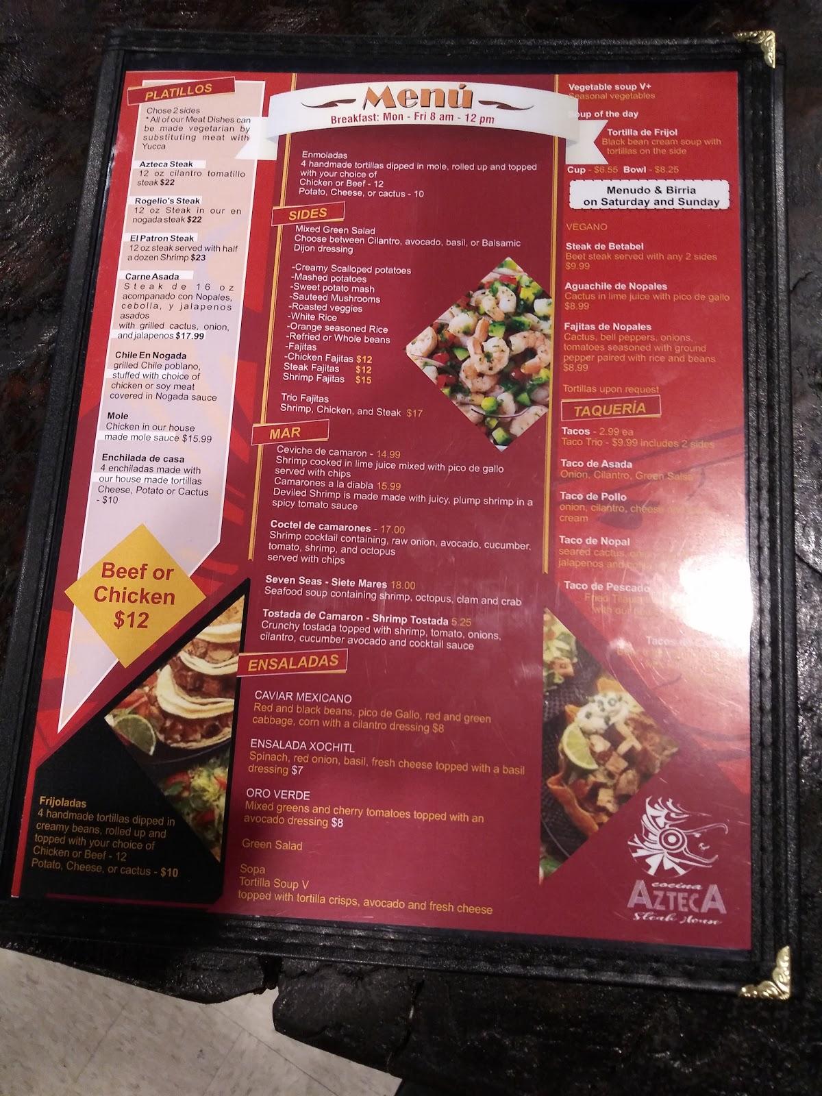 Menu at Cocina Azteca restaurant, Ceres