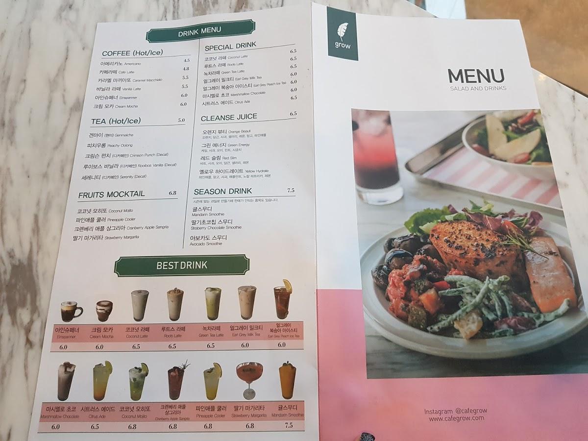 Menu at Grow cafe, Incheon, Songdo-dong