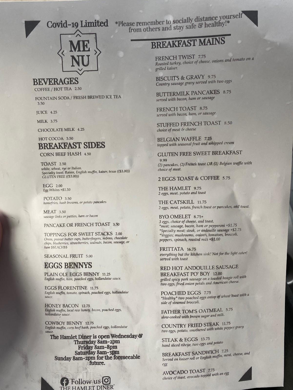 Menu at Hamlet Diner restaurant, Chittenango
