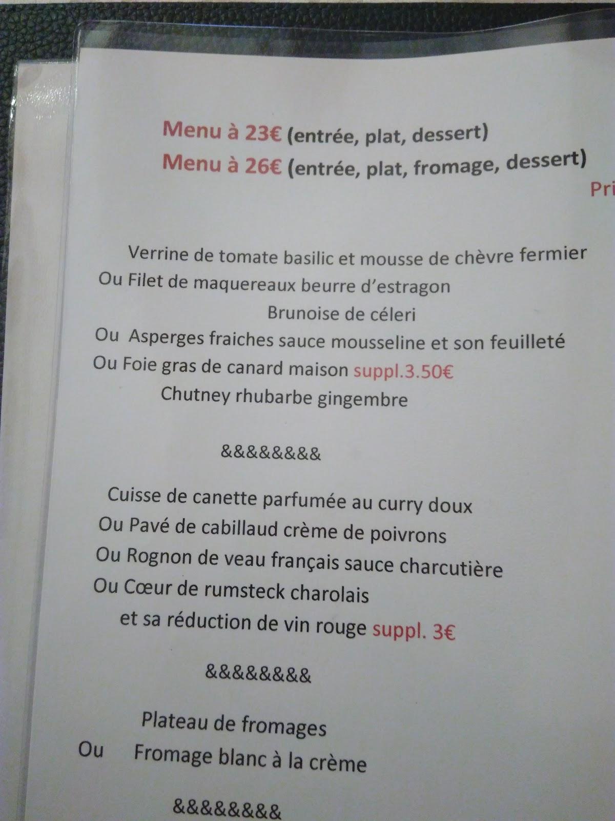 Menu au L'Auberge Gourmande restaurant, Gilly-sur-Loire, Les Carrières