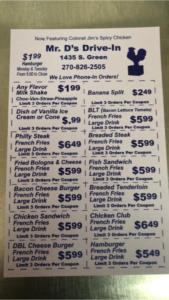 Menu at Mr D's restaurant, Henderson