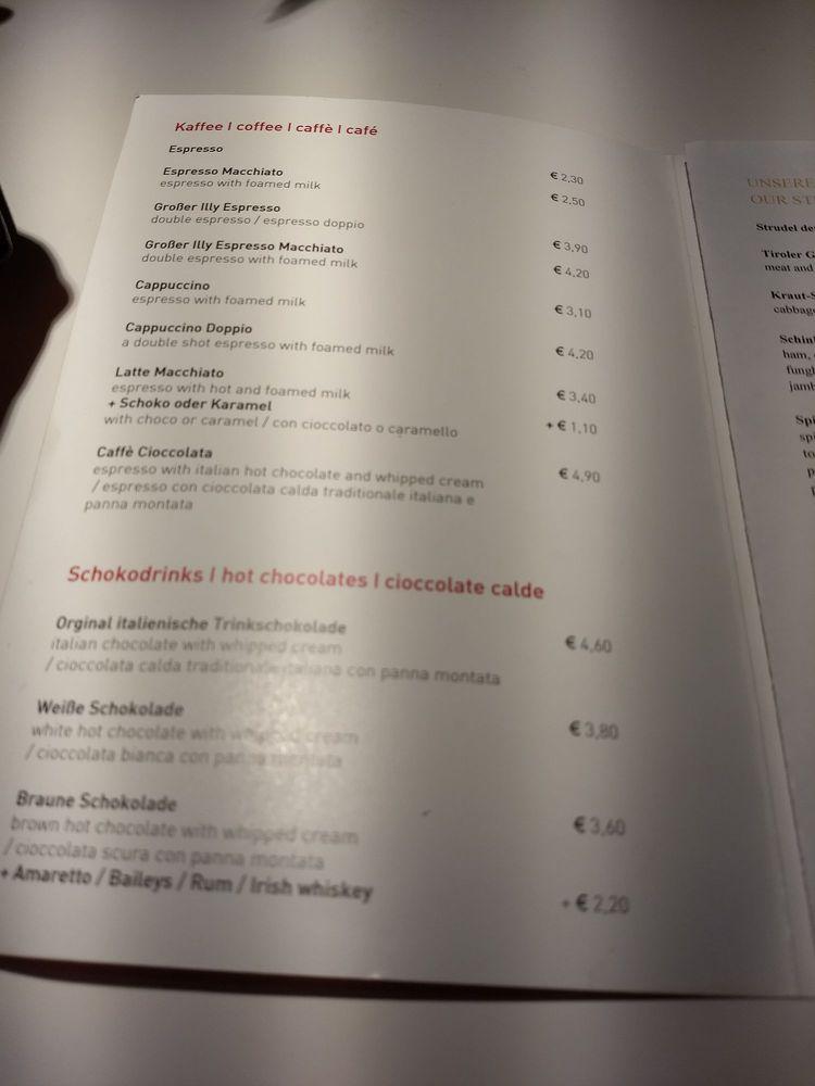 Menu at Strudel Cafe Kroll, Innsbruck